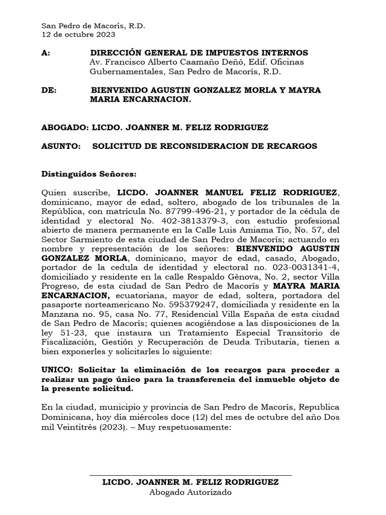 Carta A La DGII para Eliminacion de Recargos de Transferencia de Inmueble. | PDF