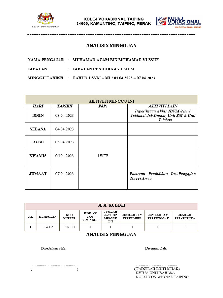 ANALISIS MINGGUAN PJK 101 | PDF