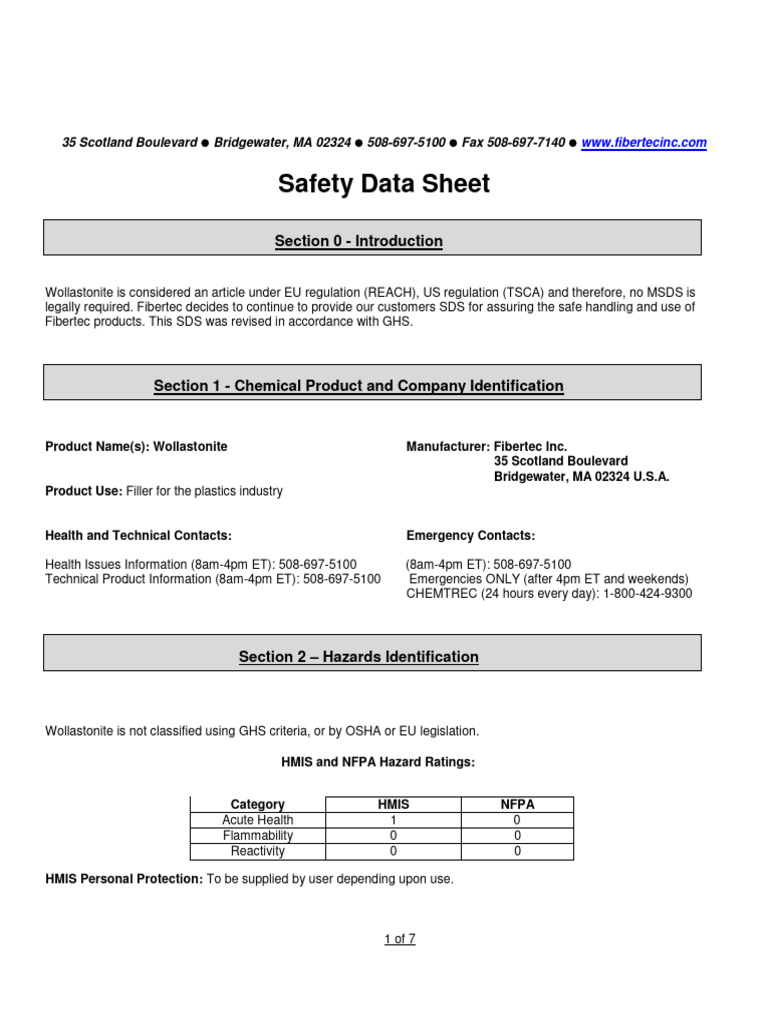 SDS Wollastonite 1 | PDF | Occupational Safety And Health | Safety