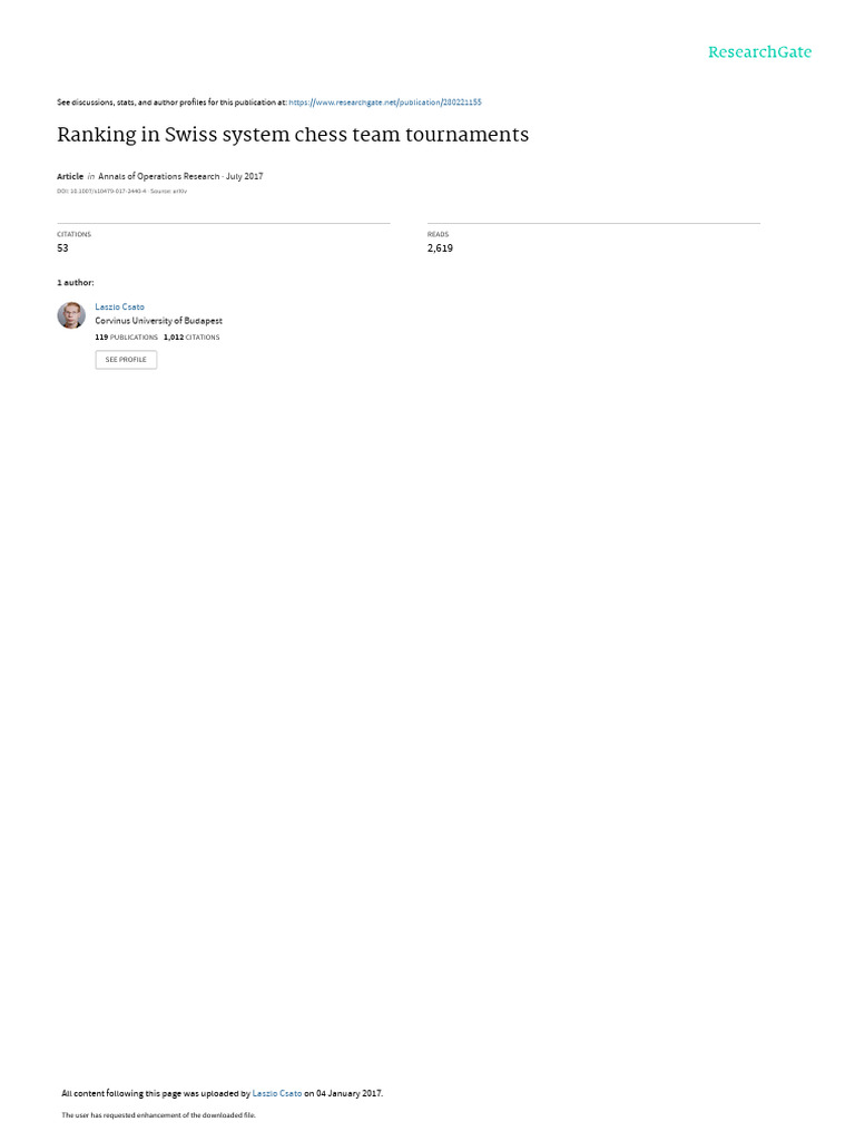 Ranking in Swiss System Chess Team Tournaments | Download Free PDF ...