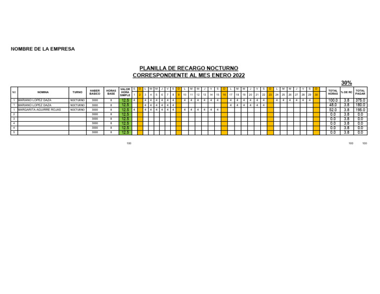 02 Planilla de Recargo Nocturno | PDF
