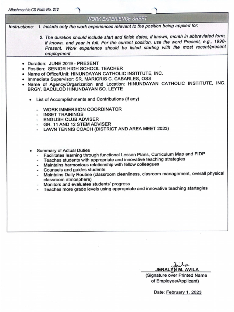 Work Experience Sheet | PDF