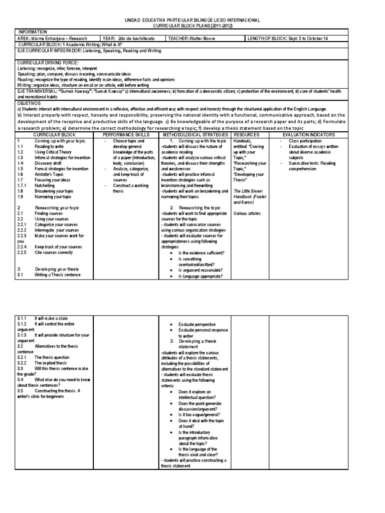 Bilingual Academic Writing Curriculum | PDF | Reading Comprehension ...
