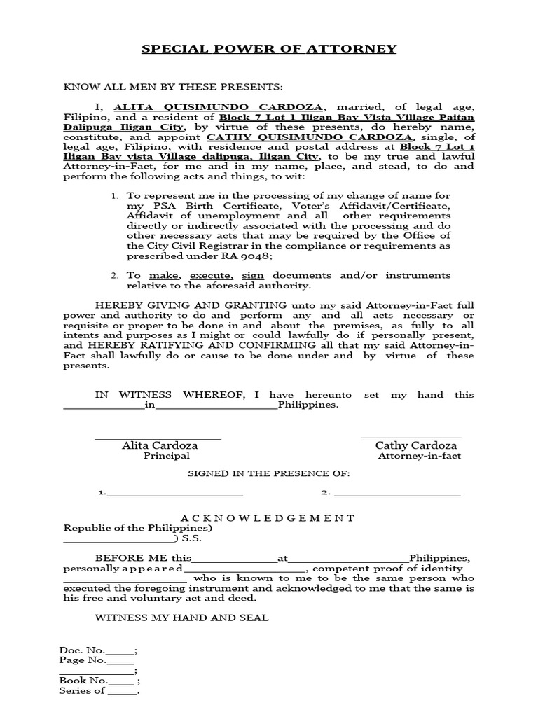 SPA Sample | PDF | Power Of Attorney | Private Law