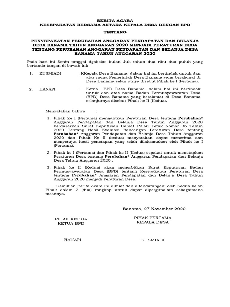 Berita Acara Rapat BPD 2020 | PDF | Pengelolaan Keuangan & Uang | Hukum