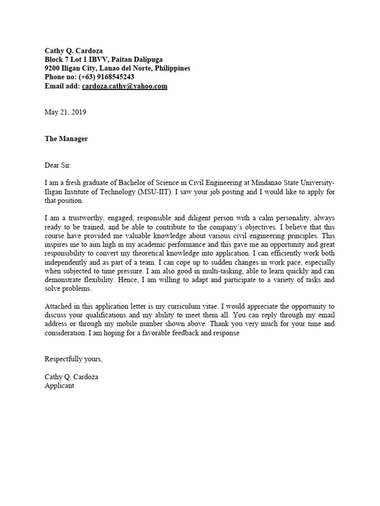 Application Letter for Civil Engineer Position | PDF | Engineering ...