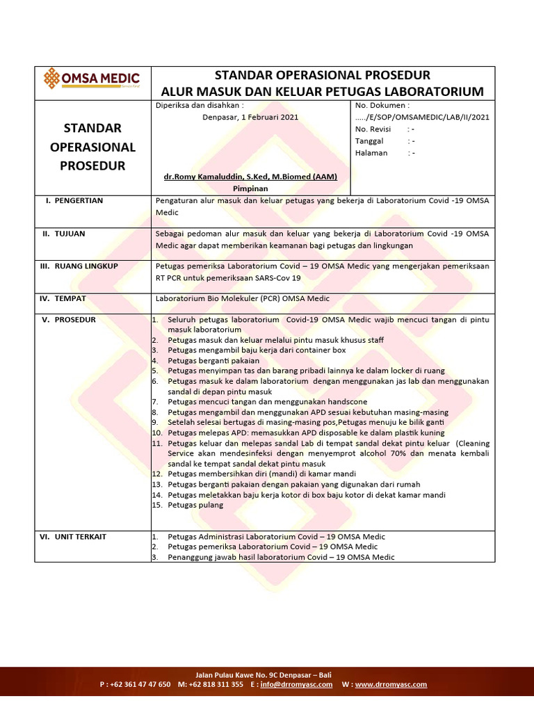 LAB - SOP Alur Masuk Dan Keluar Petugas Laboratorium | PDF | Teknologi ...