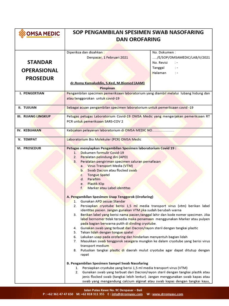 LAB - SOP Pengambilan Sampel PCR | PDF