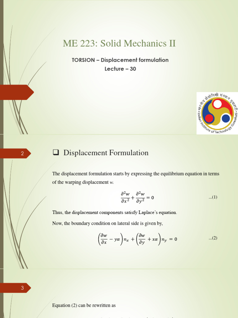 ME223-Lecture 30 Torsion Displacement Formulation | PDF | Stress (Mechanics) | Mechanics