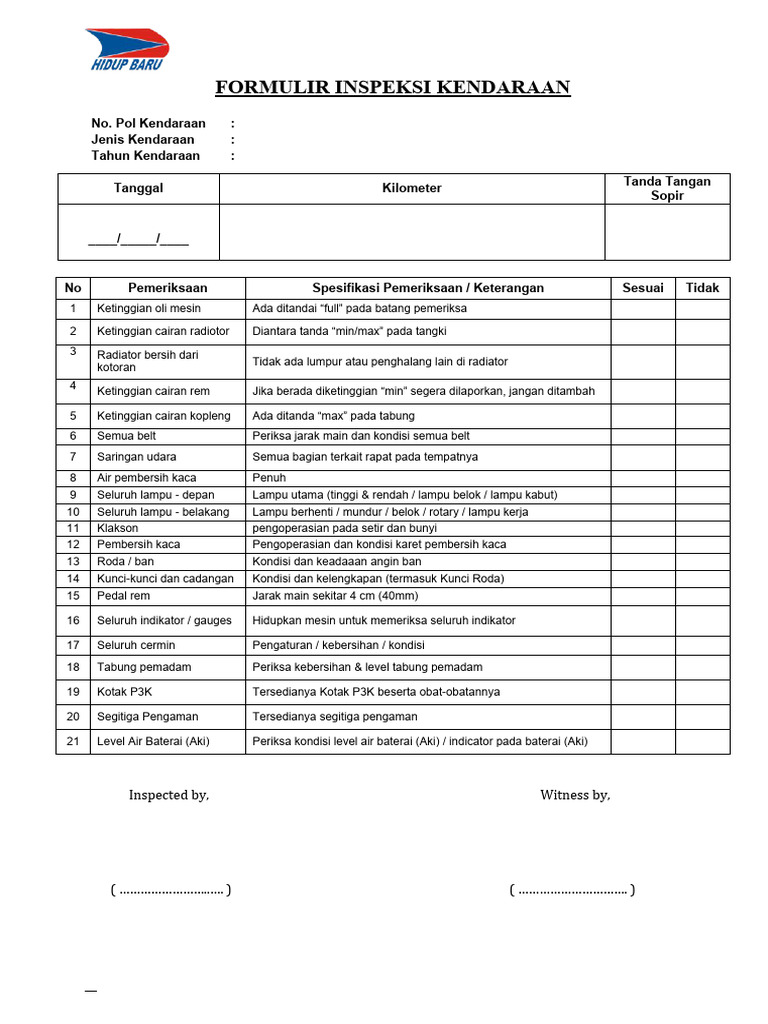 Form Inspeksi Kendaraan | PDF