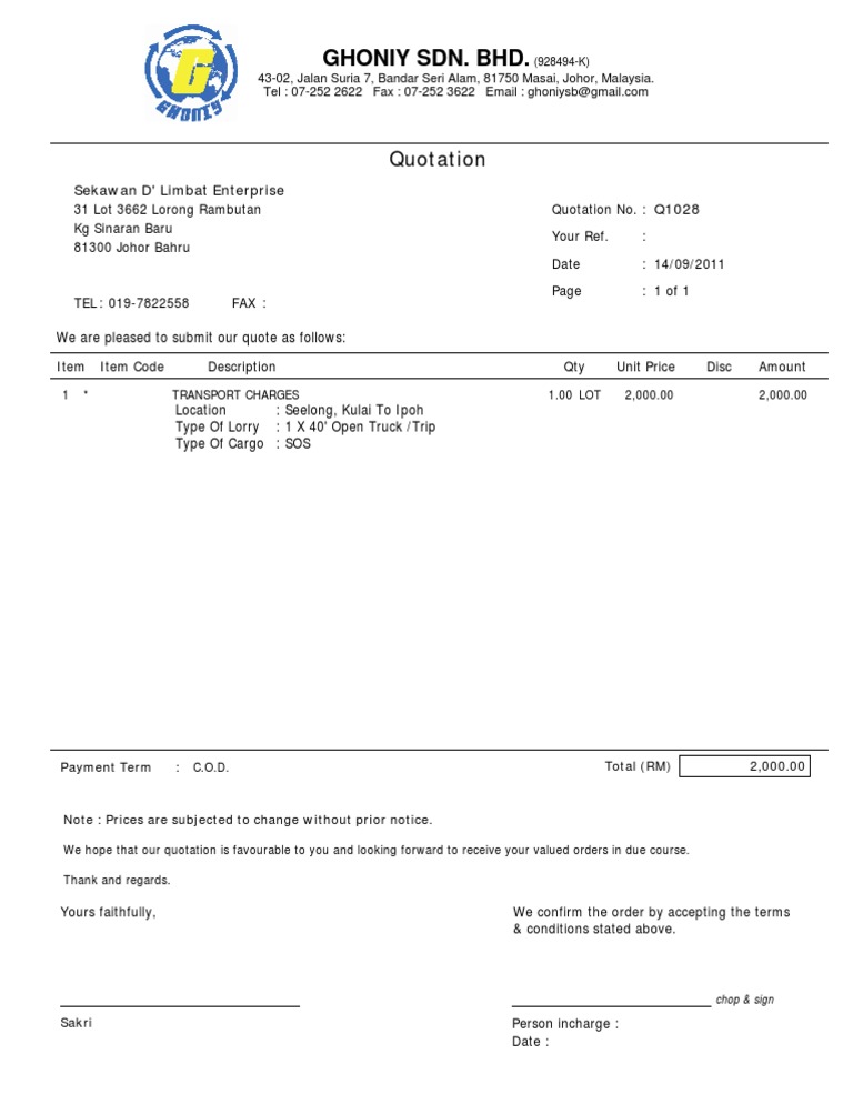 Lorry Transport Quotation for Suria KLLC | PDF