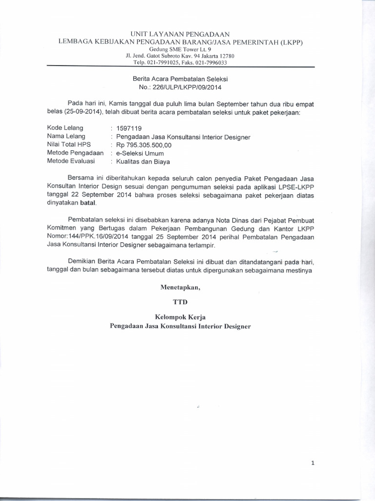 BA - Pembatalan Seleksi Dan Lampiran | PDF