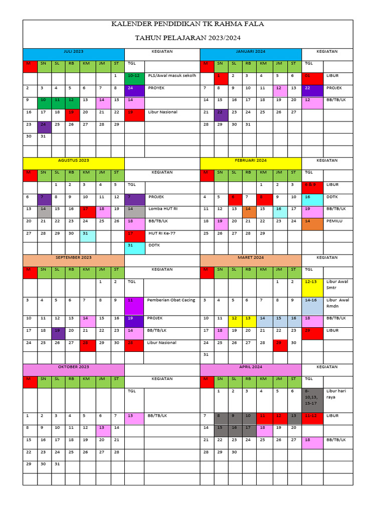 Kalender Pendidikan TK Rahma Fala 2023-2024 | PDF