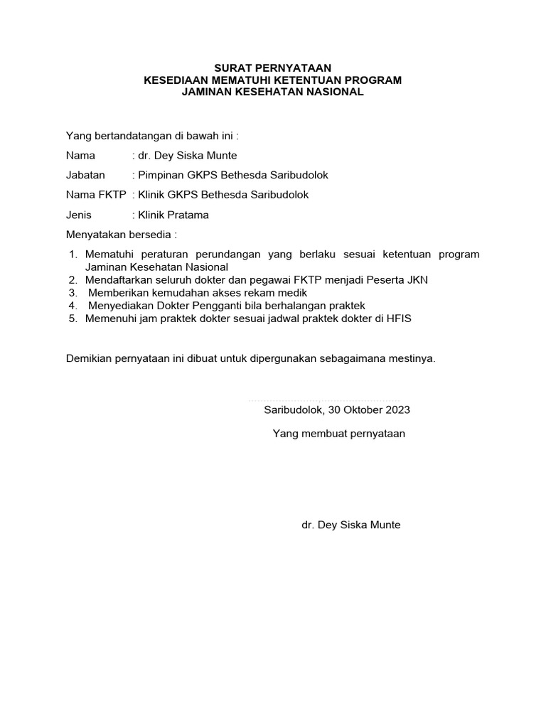 Surat Pernyataan Mematuhi Peraturan Jkn Pdf