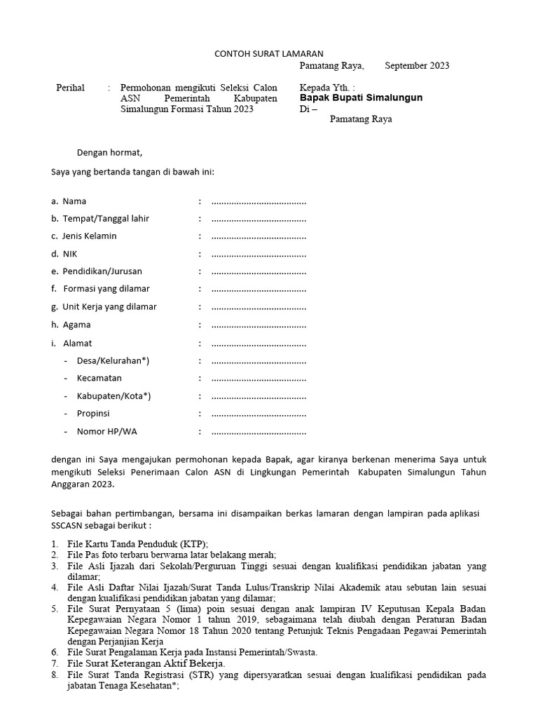 Contoh Surat Lamaran ASN Simalungun 2023 | PDF