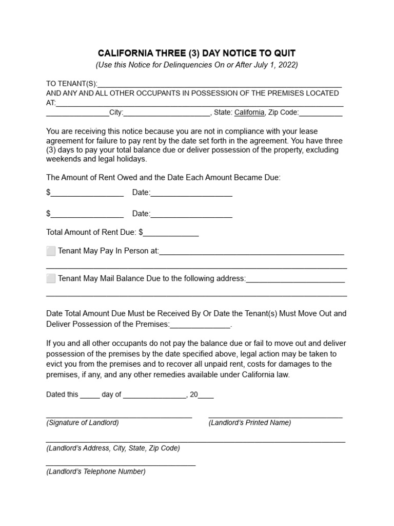 California 3 Day Notice To Quit | PDF | Eviction | Leasehold Estate