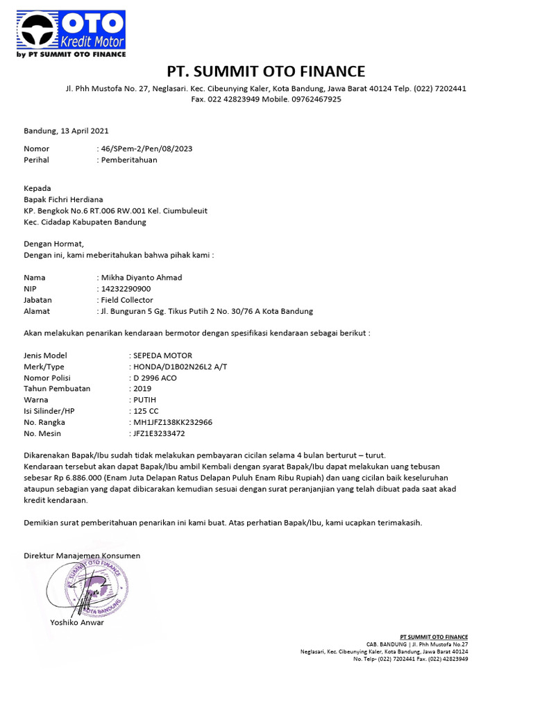 Surat Penarikan Kendaraan Bermotor | PDF