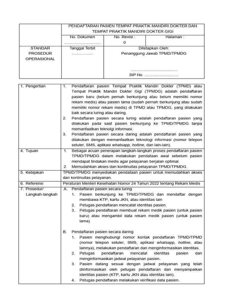 Contoh SOP Pendaftaran Pasien TPMD | PDF