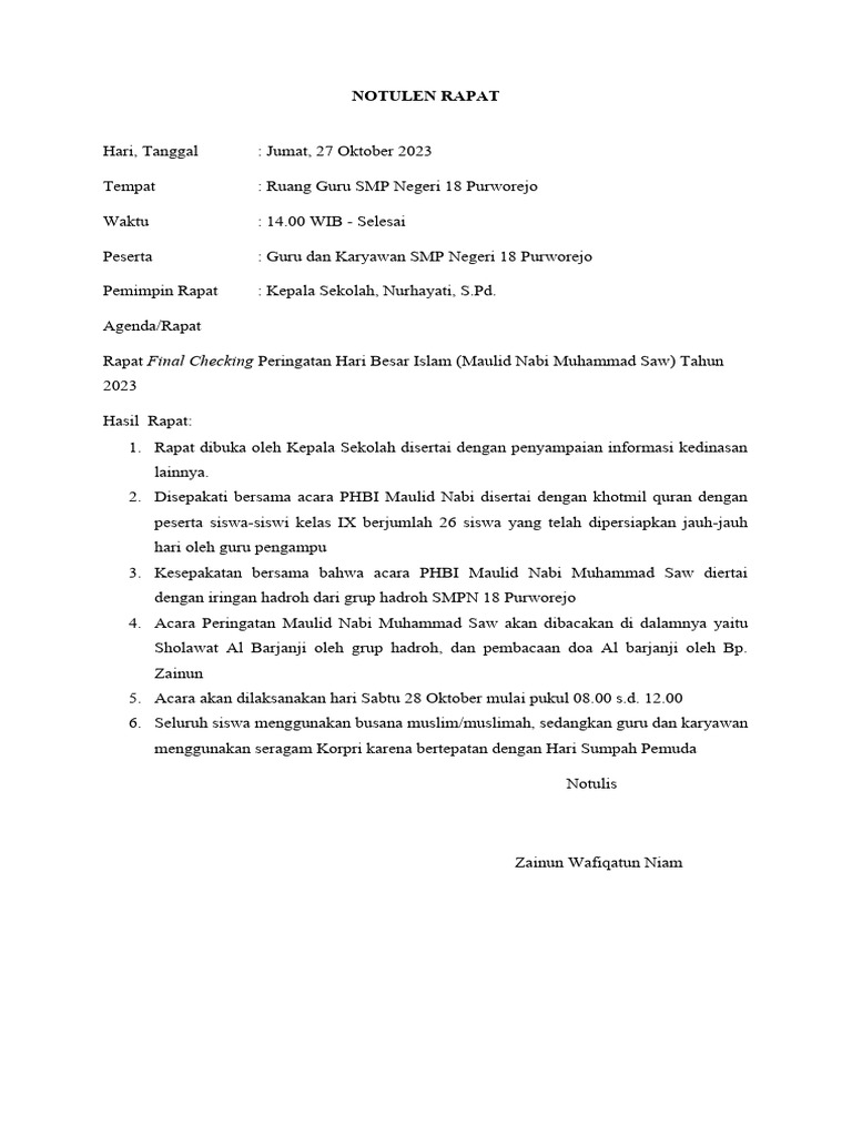 NOTULEN RAPAT Final Checking PHBI 27 Okt | PDF
