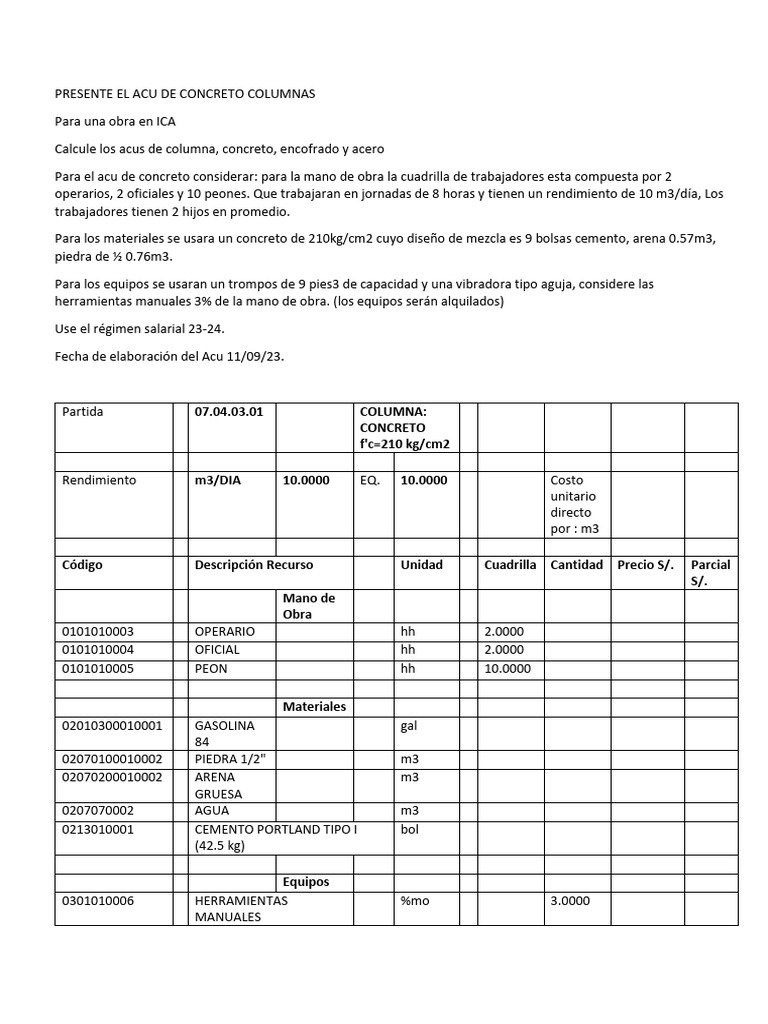 Cálculo de ACU para Columnas de Concreto | PDF | Hormigón | Material compuesto