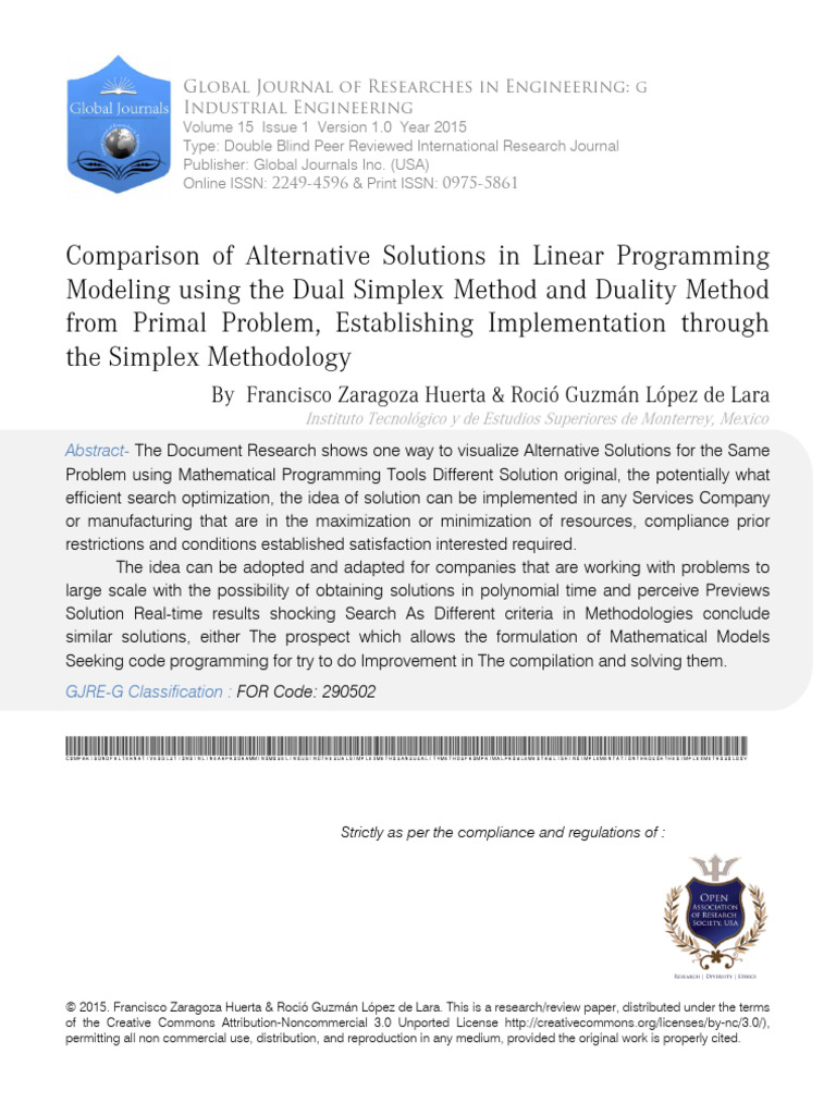 3 Comparison Of Alternative Pdf Linear Programming Mathematical Optimization