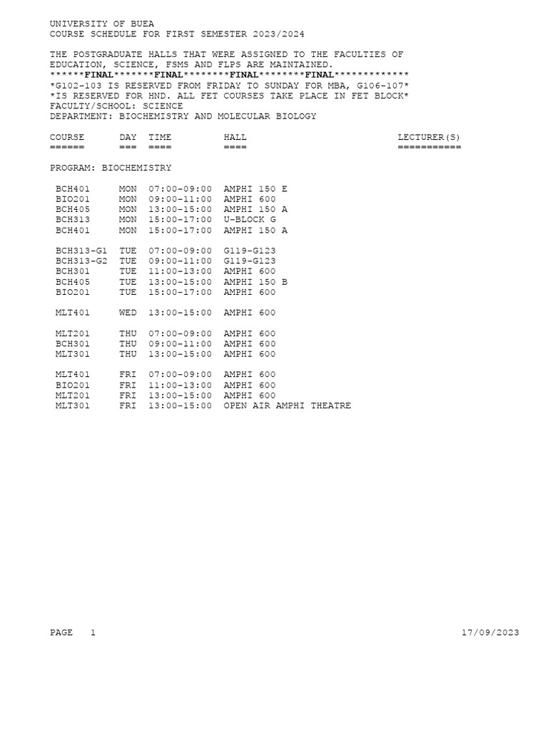 First Semester 2023 - 2024 Final Teaching Timetable | PDF | Educational ...