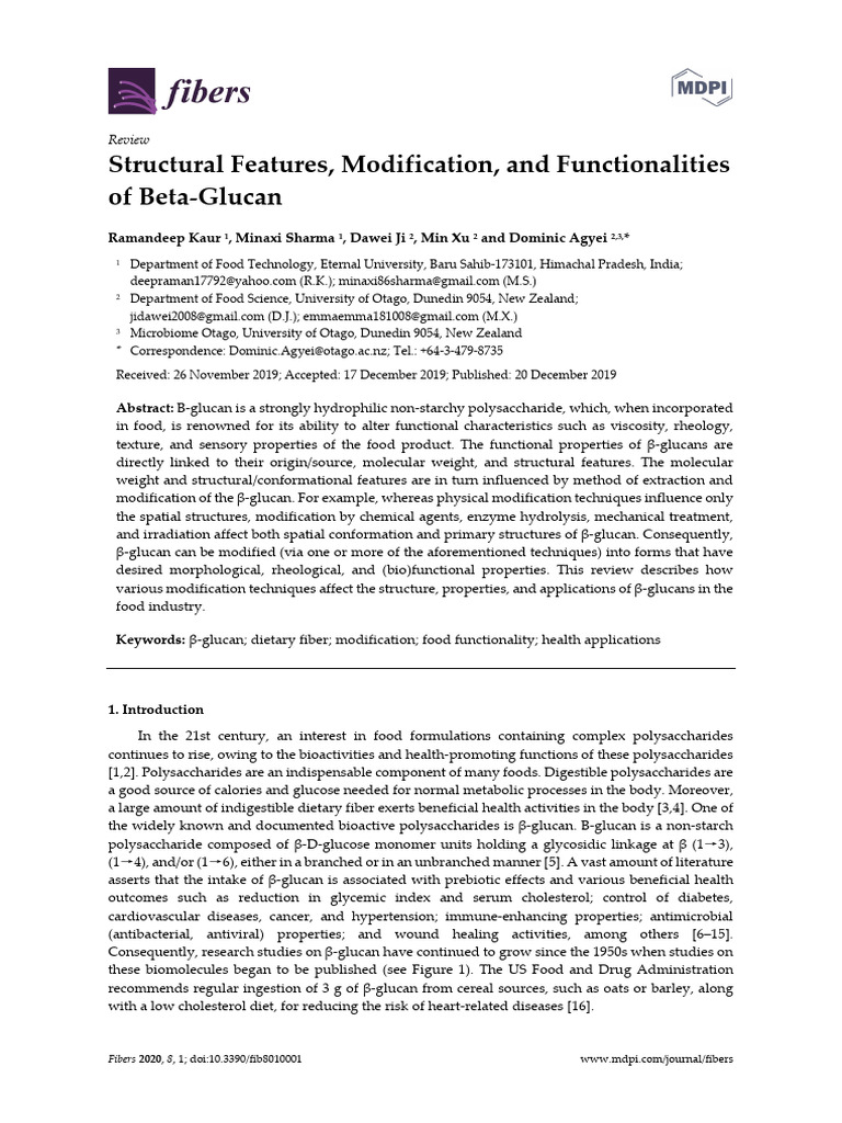2020 - Structural Features, Modification, and Functionalities of Beta-Glucan | PDF | Dietary ...