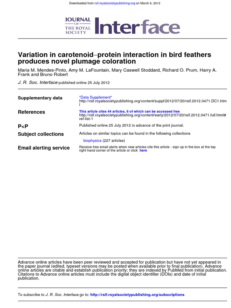 2012 - 2012 - Variation in Carotenoid Protein Interaction in Bird ...