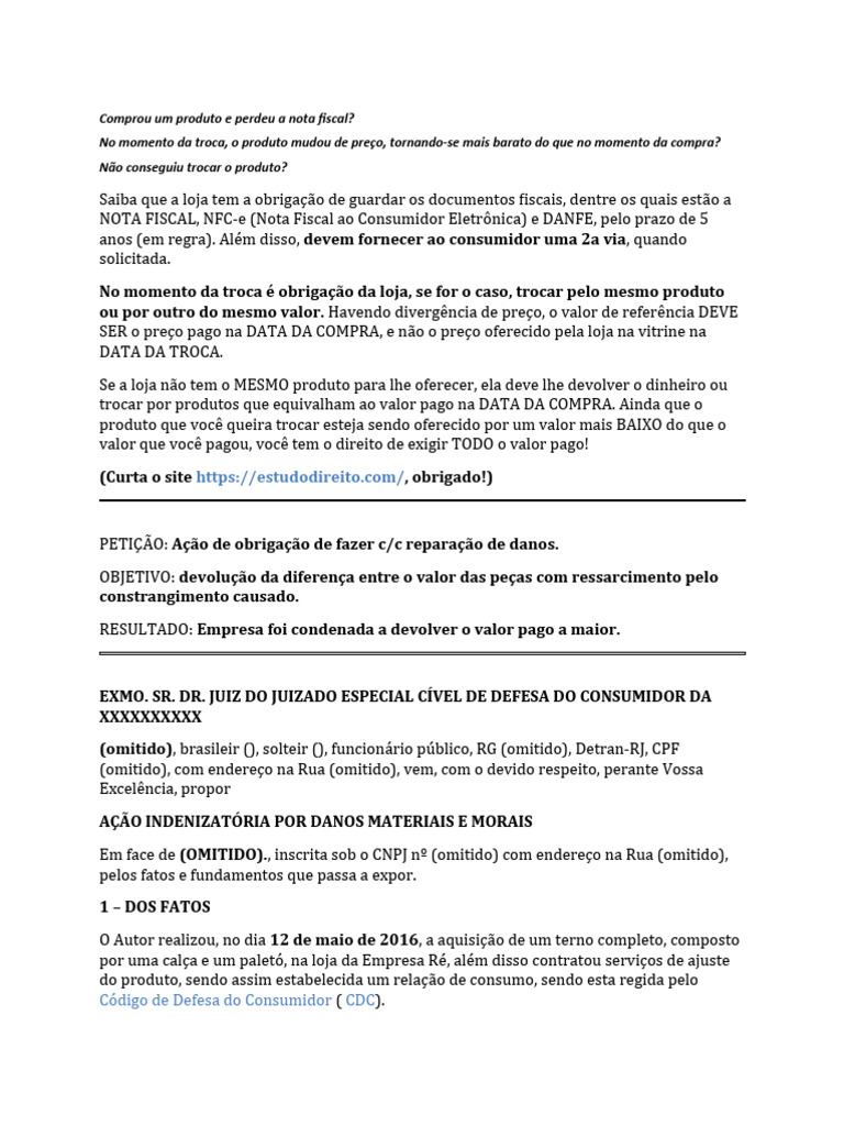Modelo Acao de Indenizacao Por Danos Morais e Materiais Troca de ... Modelo Acao de Indenizacao Por Danos Morais e Materiais Troca de ...