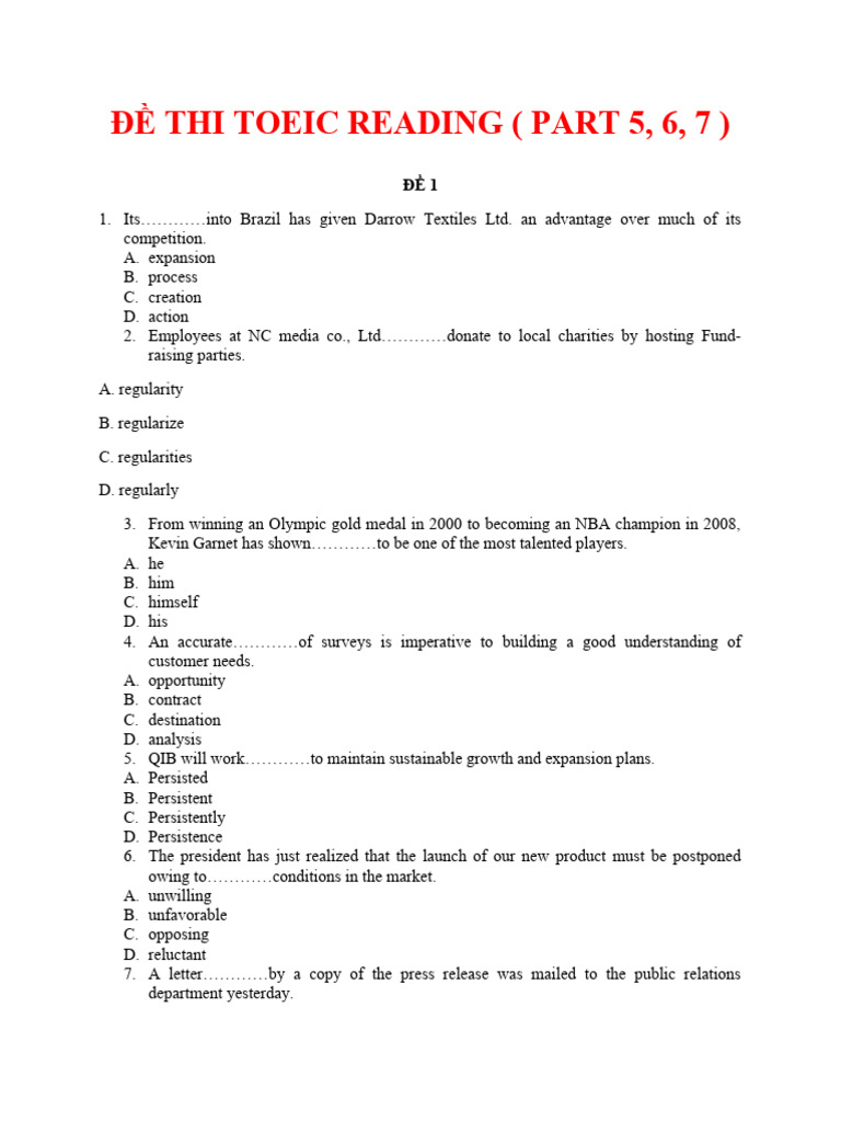 Đề Thi Toeic Reading | PDF | Credit Card | Banks