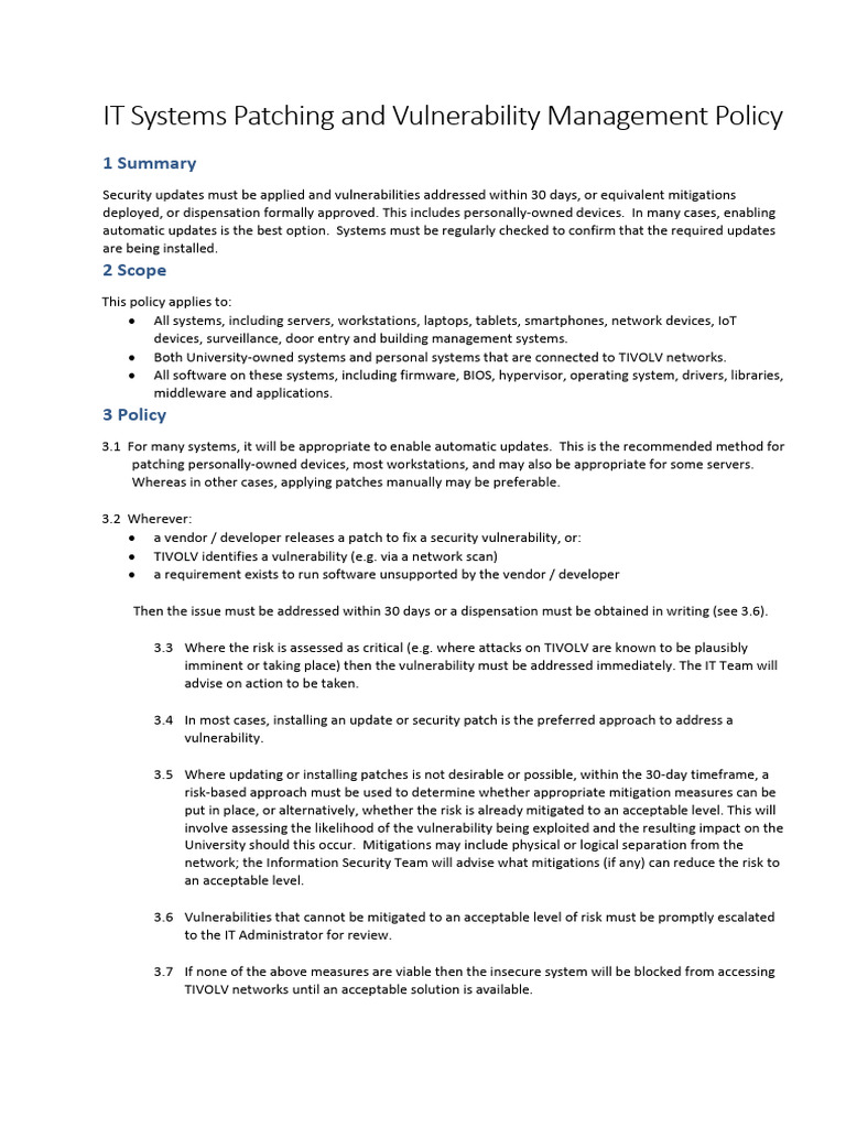 It Systems Patching And Vulnerability Management Policy Tivolv 2023 Pdf Vulnerability