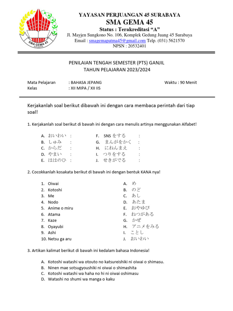 Soal PTS KELAS XII 20232024 Ganjil | PDF