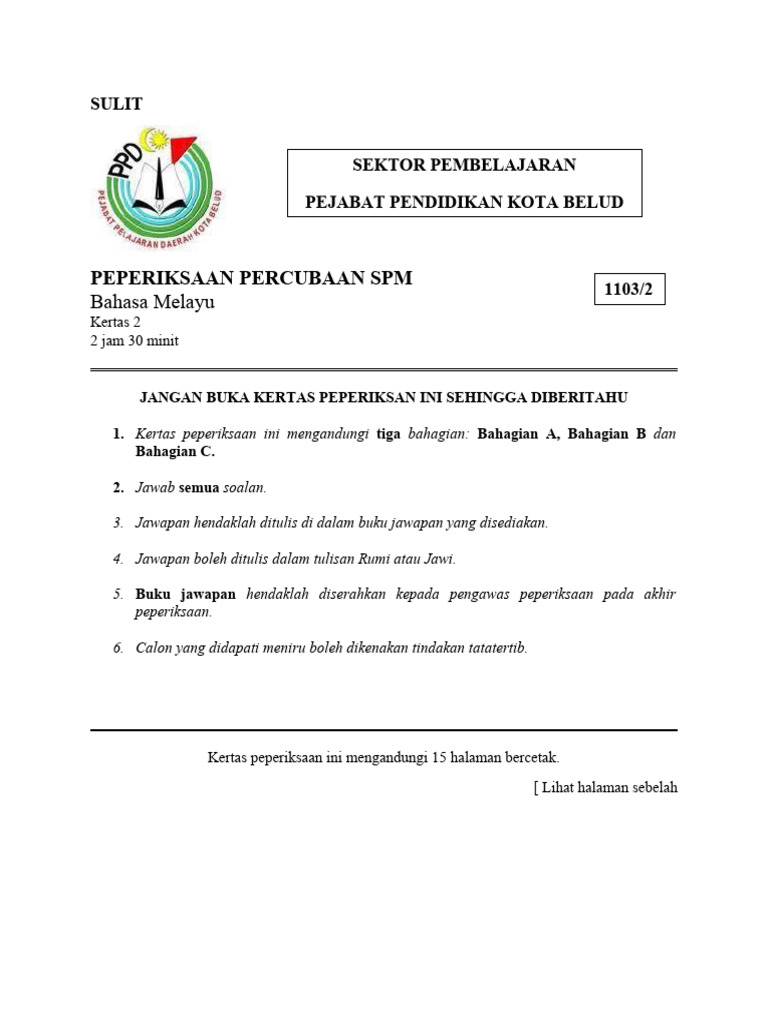 Soalan Setara Kertas 2 BM PPD KB Tahun 2022 | PDF