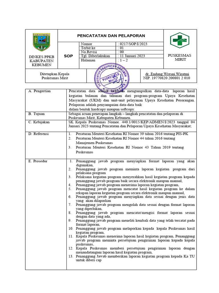 Ukm Sop Pencatatan Dan Pelaporan | PDF