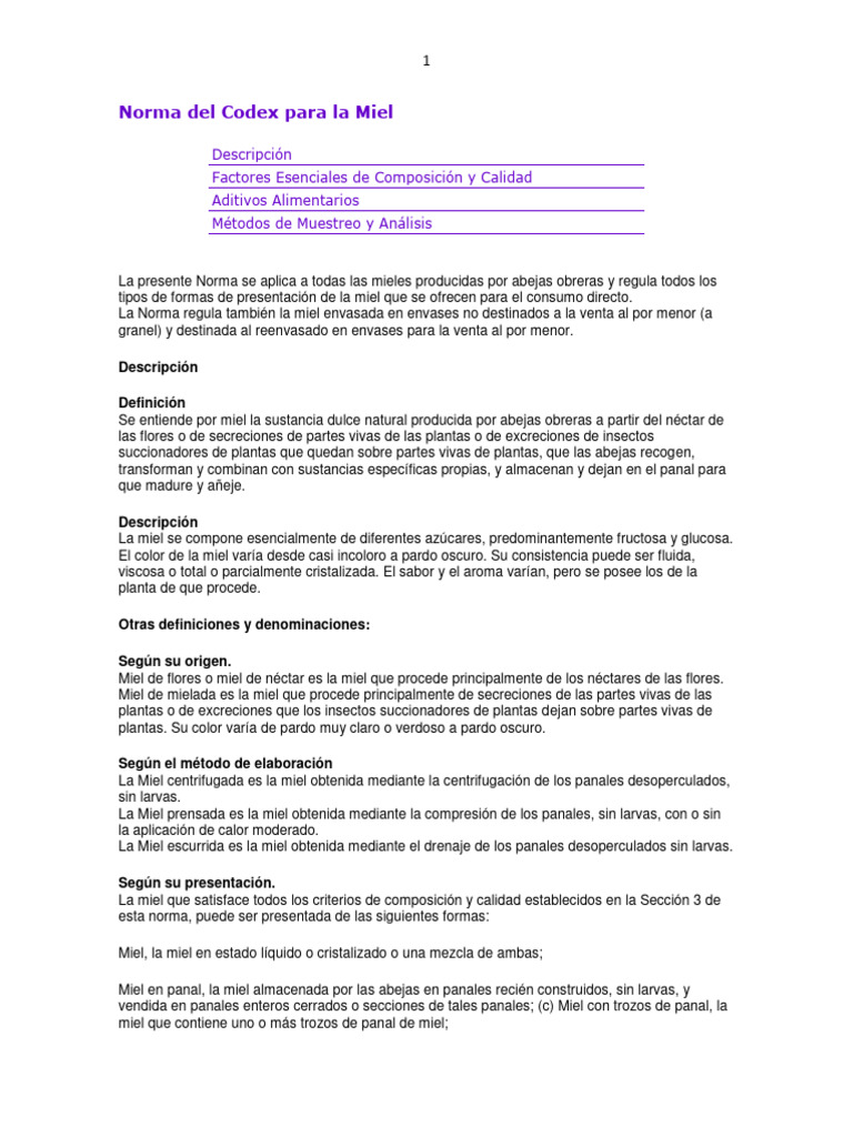 Lectura 19 Norma Del Codex para La Miel | PDF | Miel | Comida y bebida