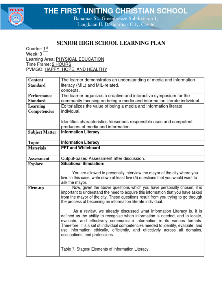Senior High School Information Literacy Plan | PDF | Information ...