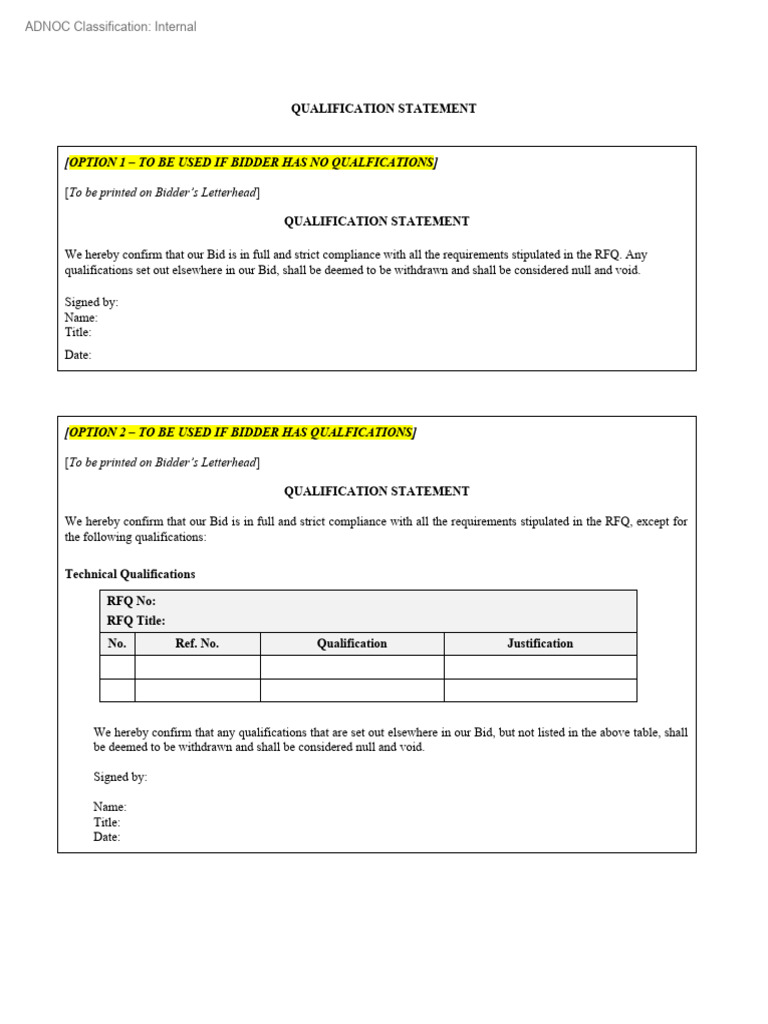 Qualification Statement Template | PDF | Law | Technology & Engineering