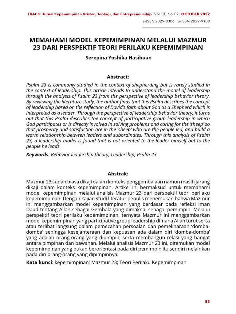 Memahami Model Kepemimpinan Melalui Mazmur 23 Dari Perspektif Teori Perilaku Kepemimpinan | PDF ...