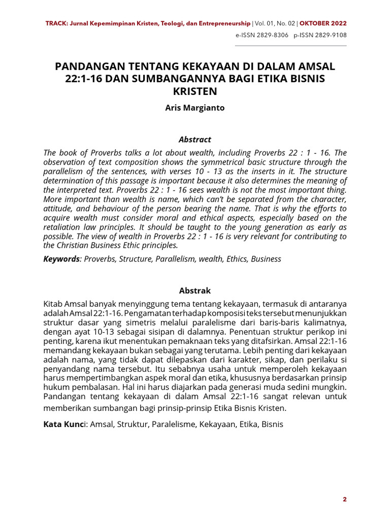 Pandangan Tentang Kekayaan Di Dalam Amsal 221-16 Dan Sumbangannya Bagi Etika Bisnis Kristen ...