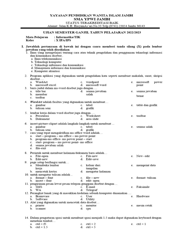 Soal TIK Kls X | PDF | Komputer