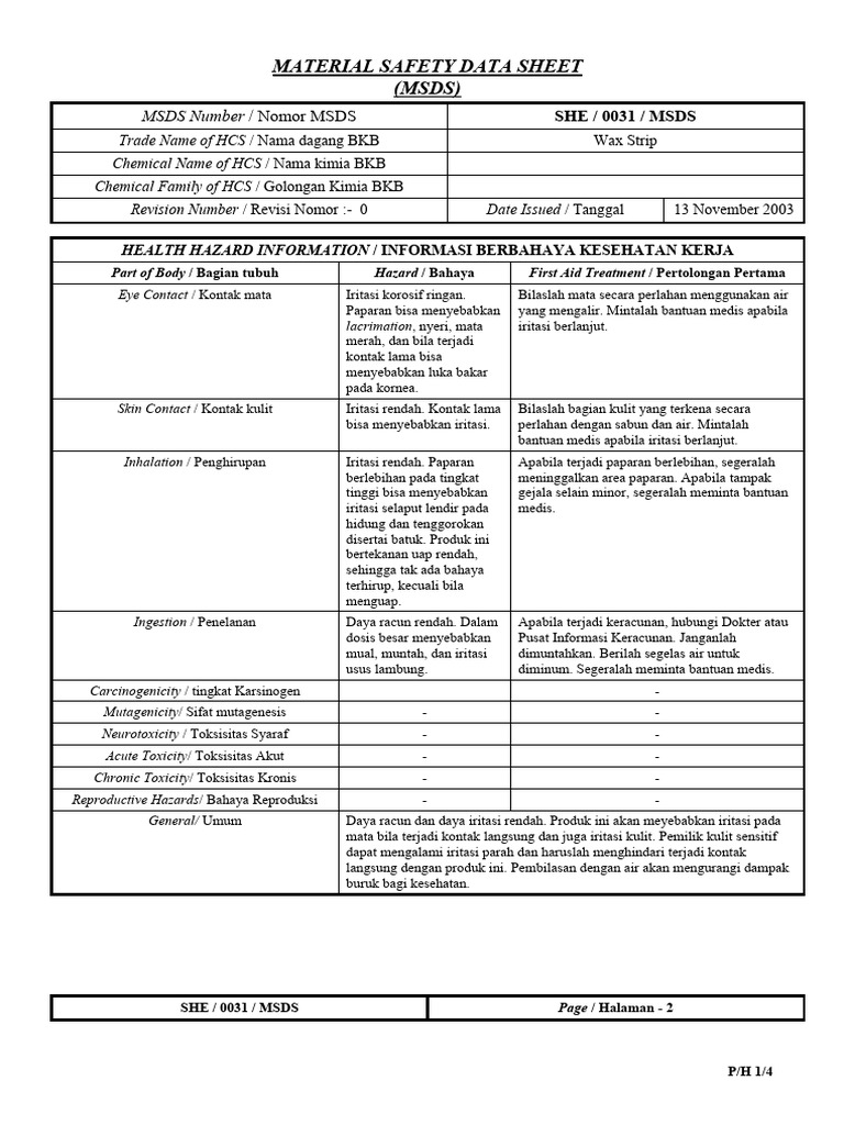 MSDS - Wax Strip (Pembersih Lantai Khusus) - InDO | PDF