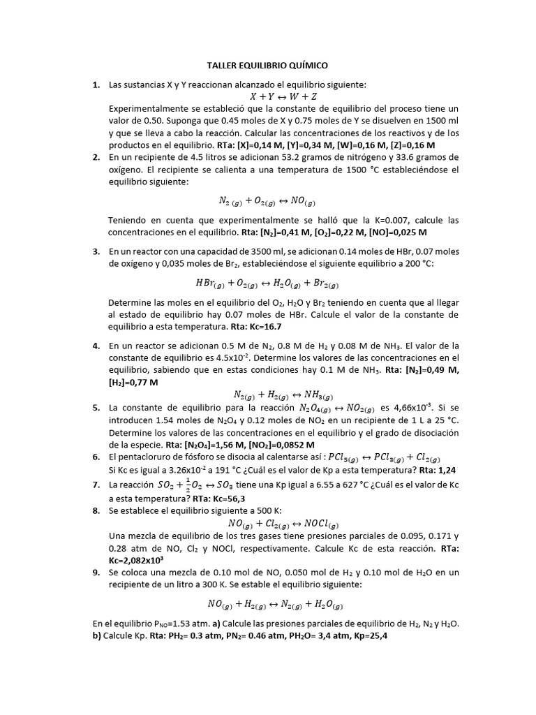 Taller 4 Equilibrio Químico Pdf Equilibrio Químico Mole Unidad