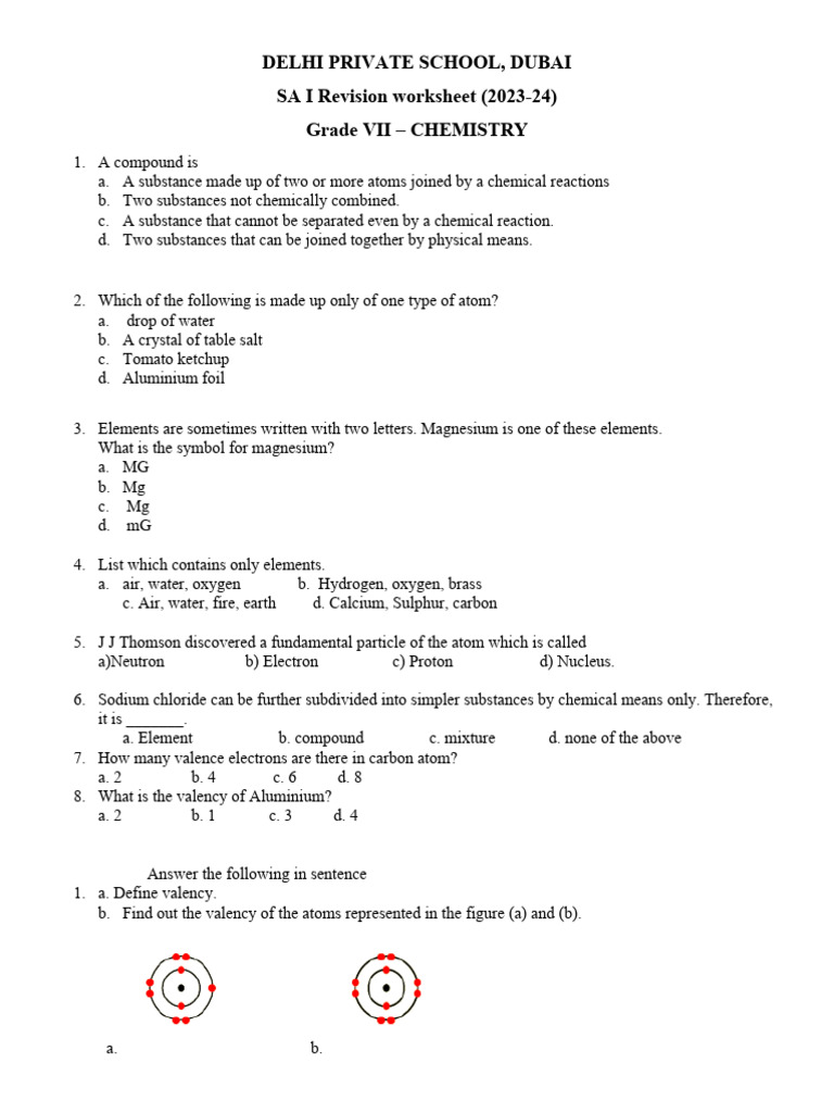 SA1 Revision Question Paper | PDF | Valence (Chemistry) | Chemistry