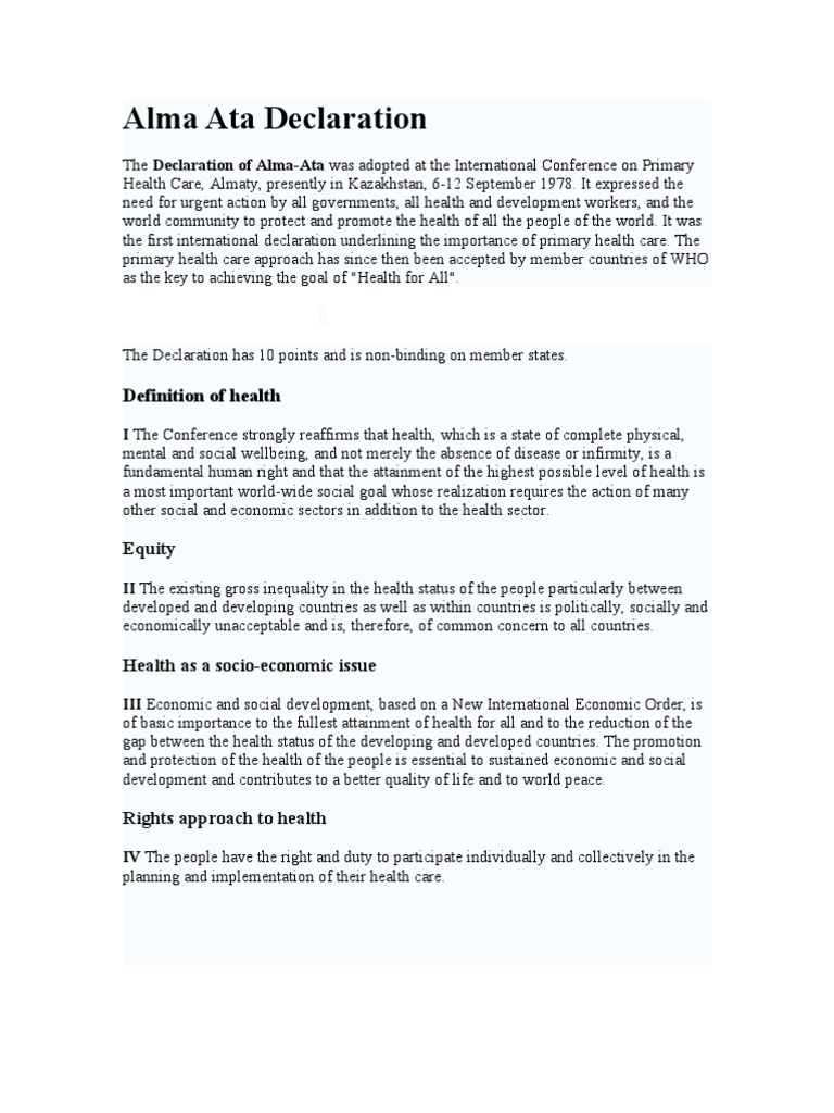 Alma Ata Declaration | Health Sciences | Wellness