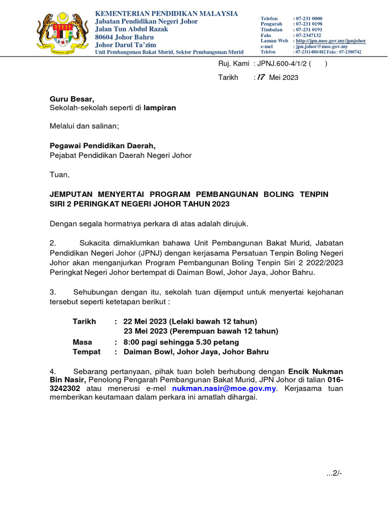 Surat Jemputan Sekolah Rendah Pembangunan Boling Johor 2023 | PDF