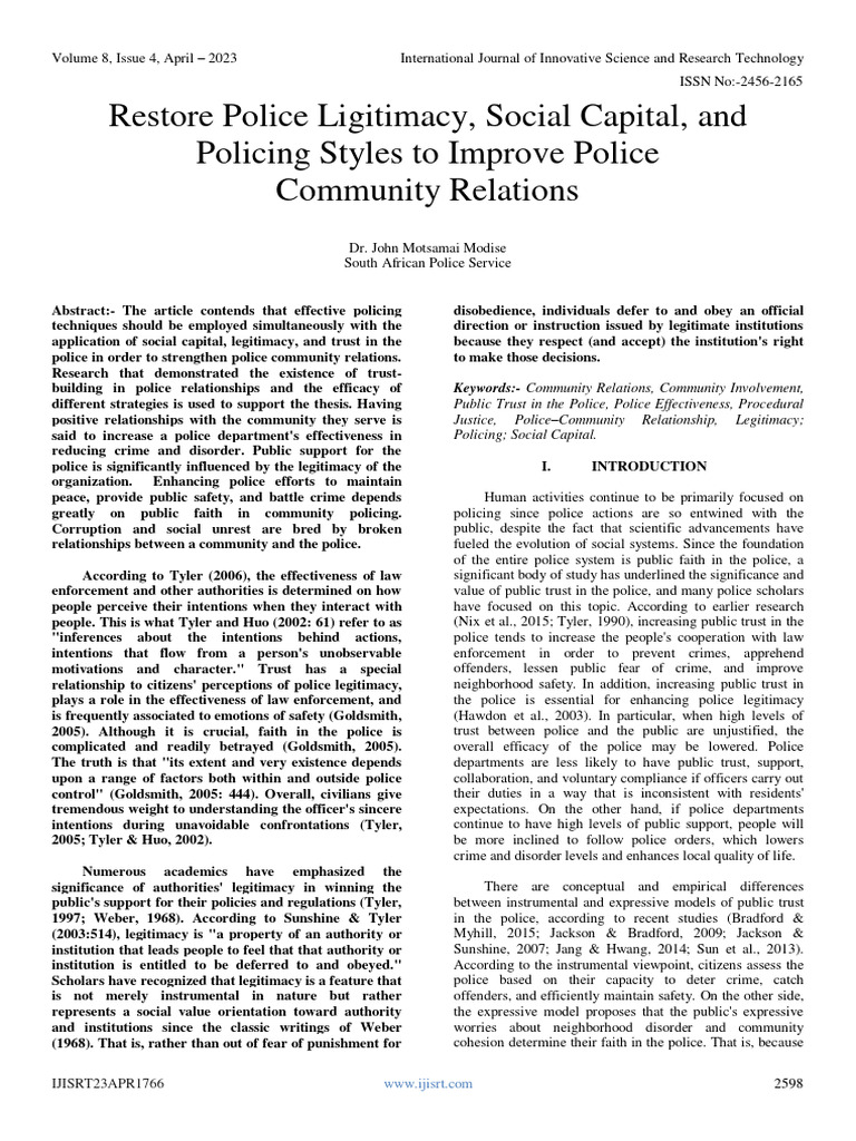 Restore Police Ligitimacy, Social Capital, and Policing Styles To ... Restore Police Ligitimacy, Social Capital, and Policing Styles To ...