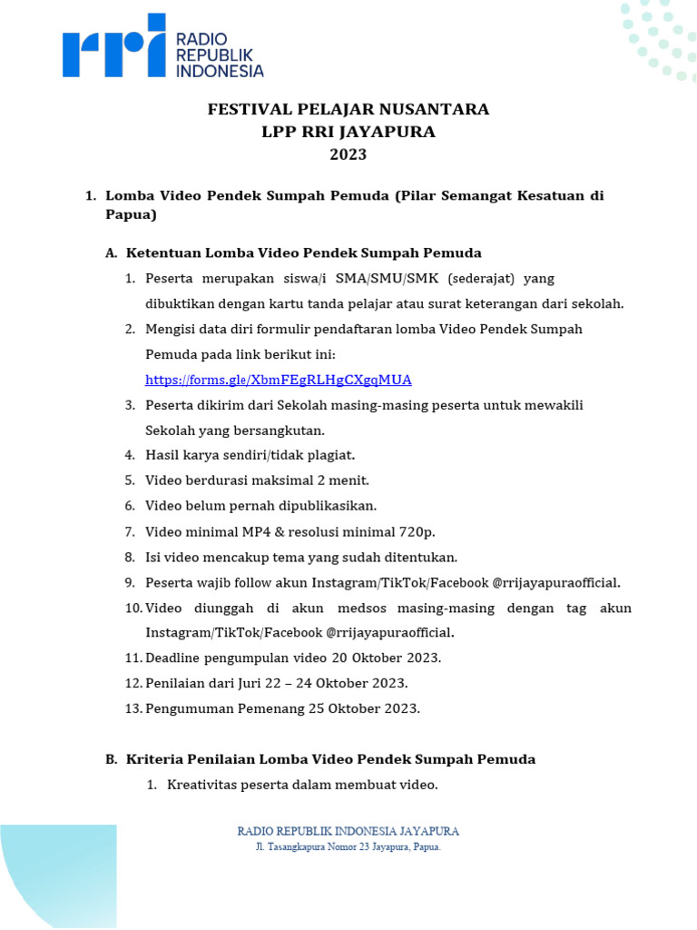 Festival Pelajar Nusantara LPP Rri Jayapura 2023 | PDF