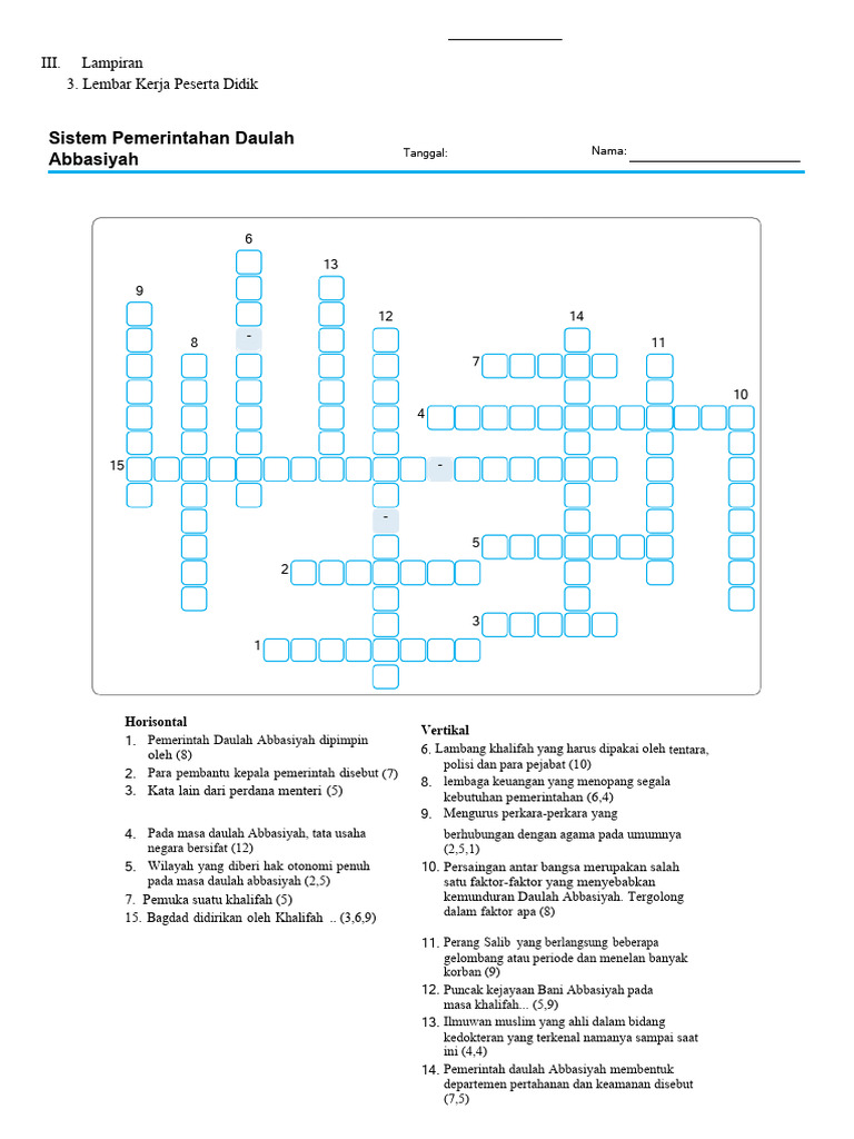 Sistem Pemerintahan Daulah Abbasiyah Teka Teki Silang | PDF