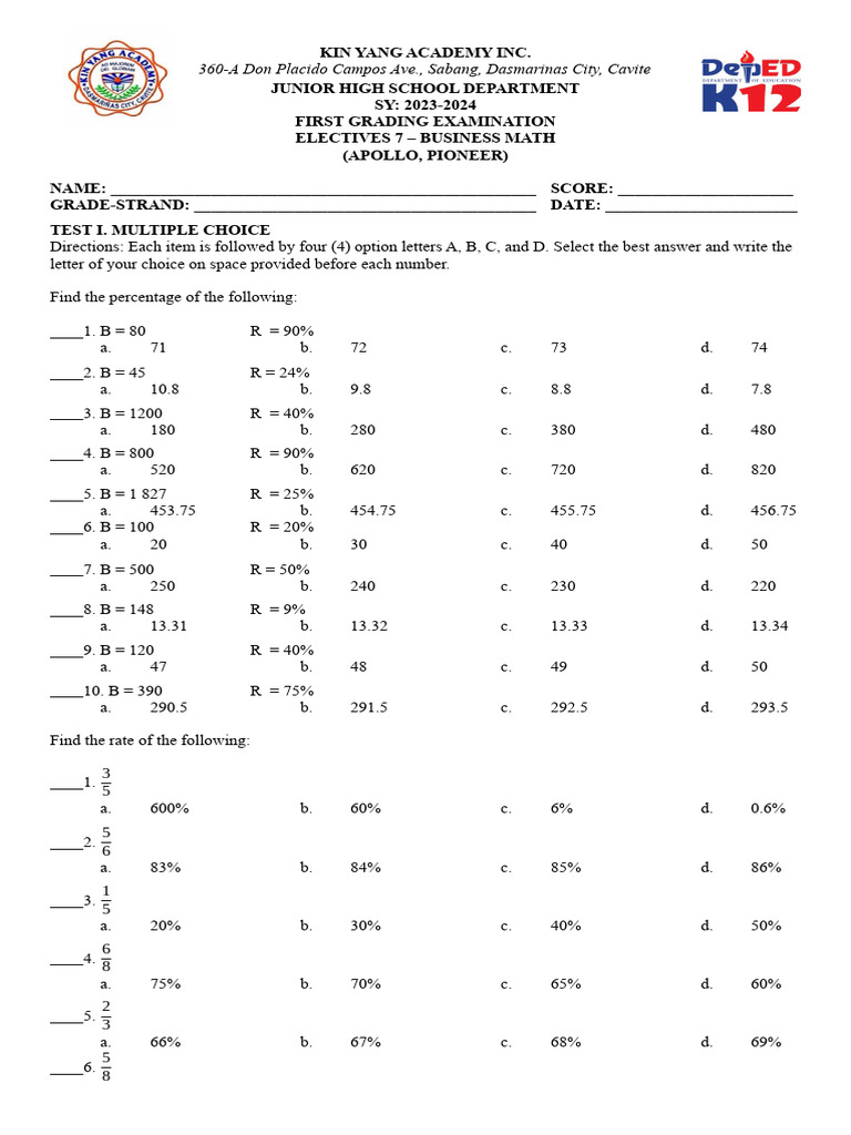 Grade 7 Business Mathematics | PDF | Mathematics