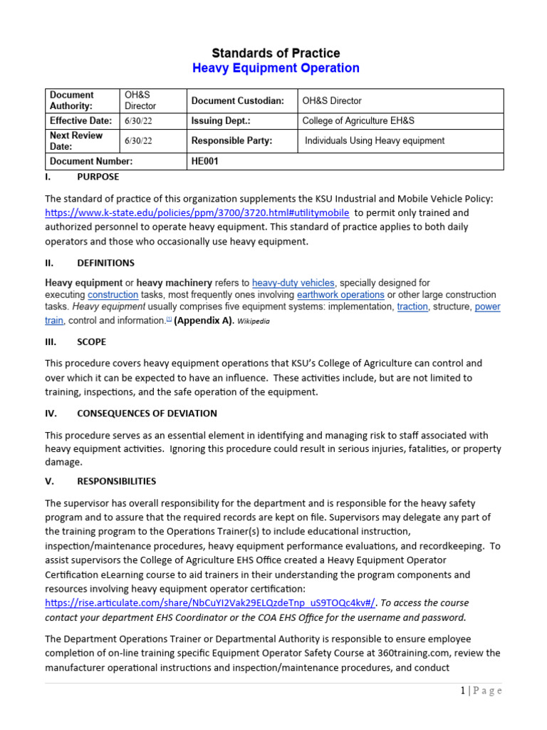 Heavy Equipment SOP Final | PDF Heavy Equipment SOP Final | PDF